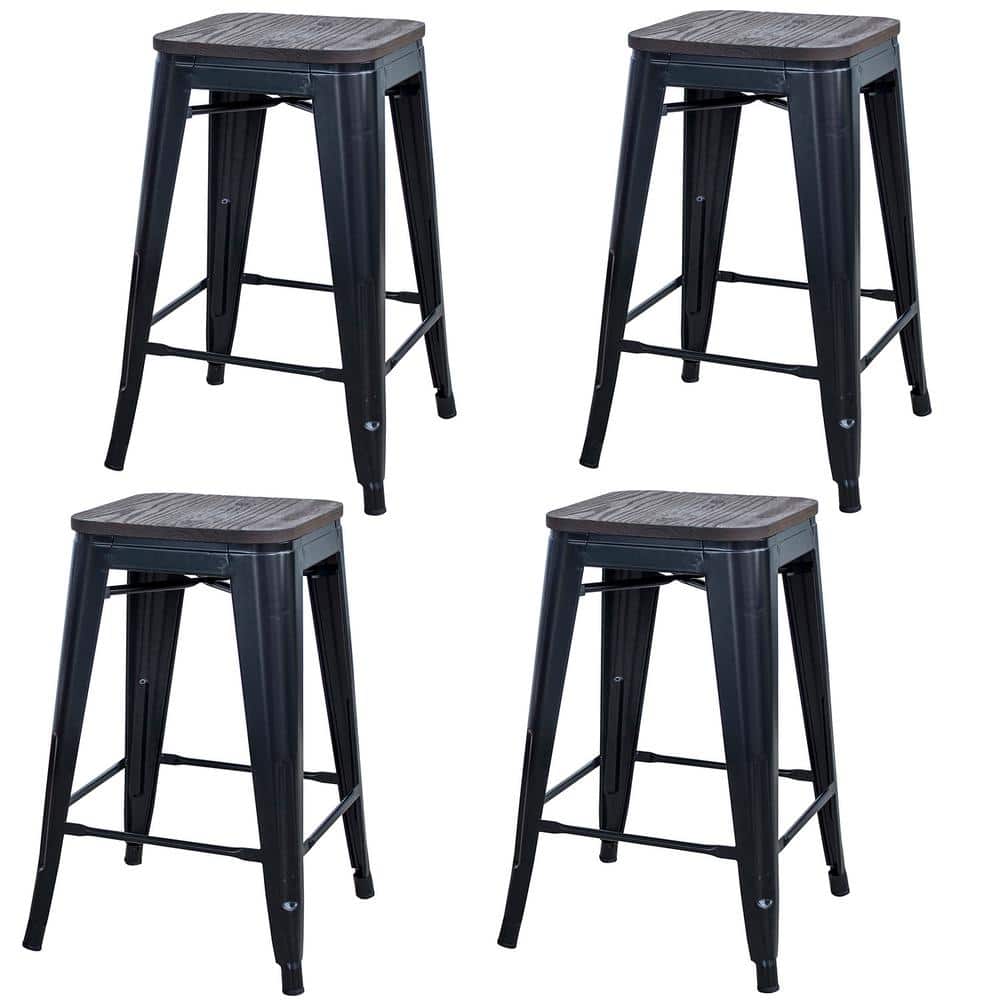 AmeriHome Metal and Wood 24 in. Black, Dark Elm Wood, Backless, Metal ...