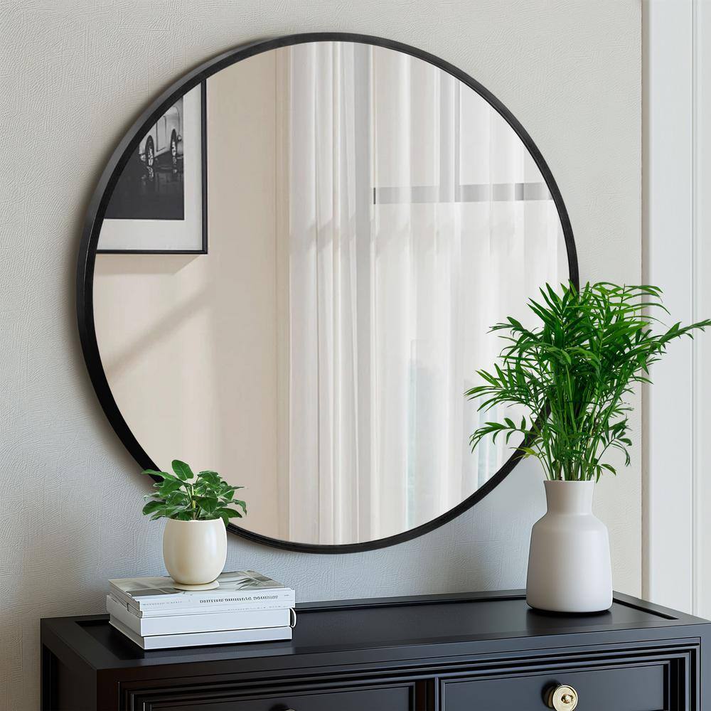 20 in. W x 20 in. H Metal Framed Round Mirror in Black HD-TJS352 - The ...