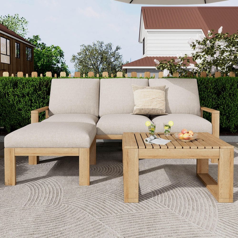 Cedar Island 3-Piece Wood Patio Conversation Set with Gray Cushions ZN ...