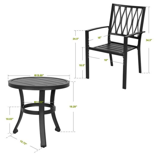 Black 3 Piece Powder Coated Iron Metal Outdoor Bistro Set 2 Chairs and 20 in. Round Bistro Table