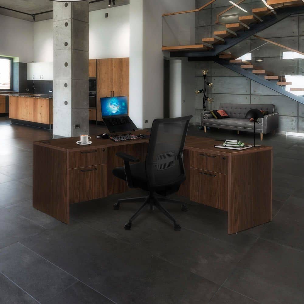 Regency Legacy 60 in x 65 in. Neo Walnut L Desk with Double Pedestal ...