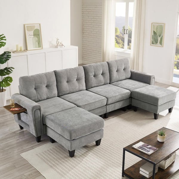 Noble House Cevano Modern 115.25 in. Chenille Upholstered Sectional ...