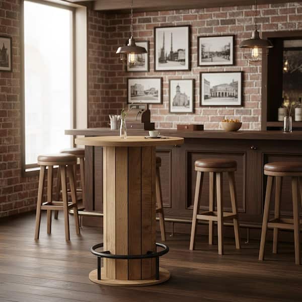 BYBLIGHT 39.8 in. H Light Brown Round Bar Table with Metal Ring ...
