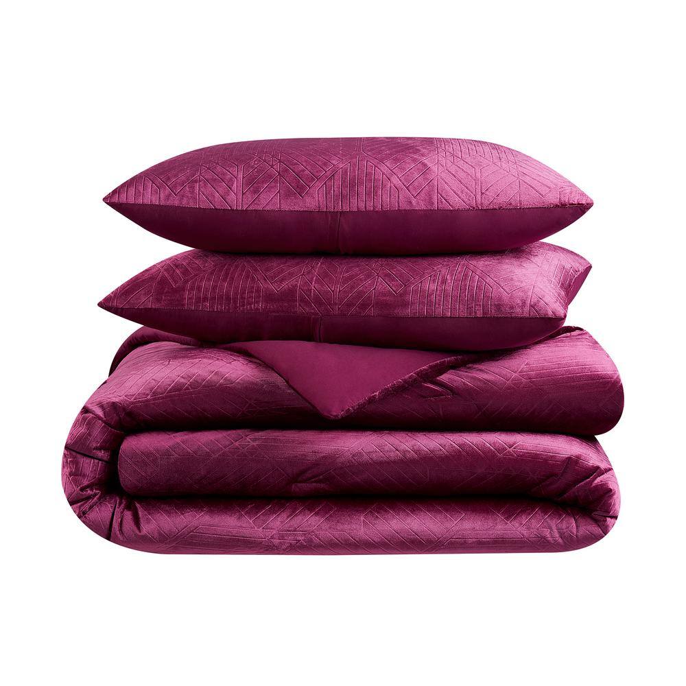 Sophia 3 Piece Maroon Embossed Velvet Polyester King Comforter Set ...