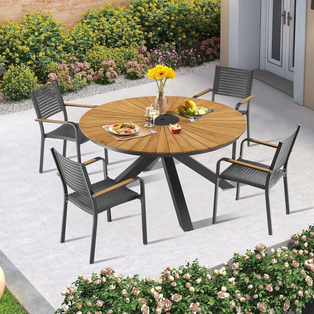 PEAK HOME FURNISHINGS ELOE Black 5-Piece Aluminum Outdoor Dining Set RA-970489F-970484-BK - The ...