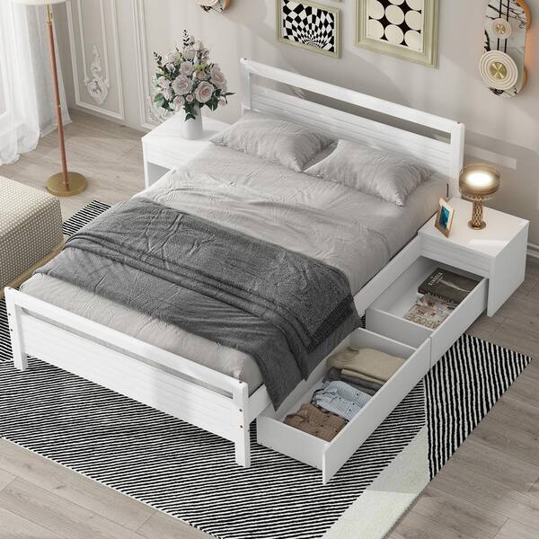 Qualler White Wooden Frame Full Size Platform Bed with 2 Beside Tables ...