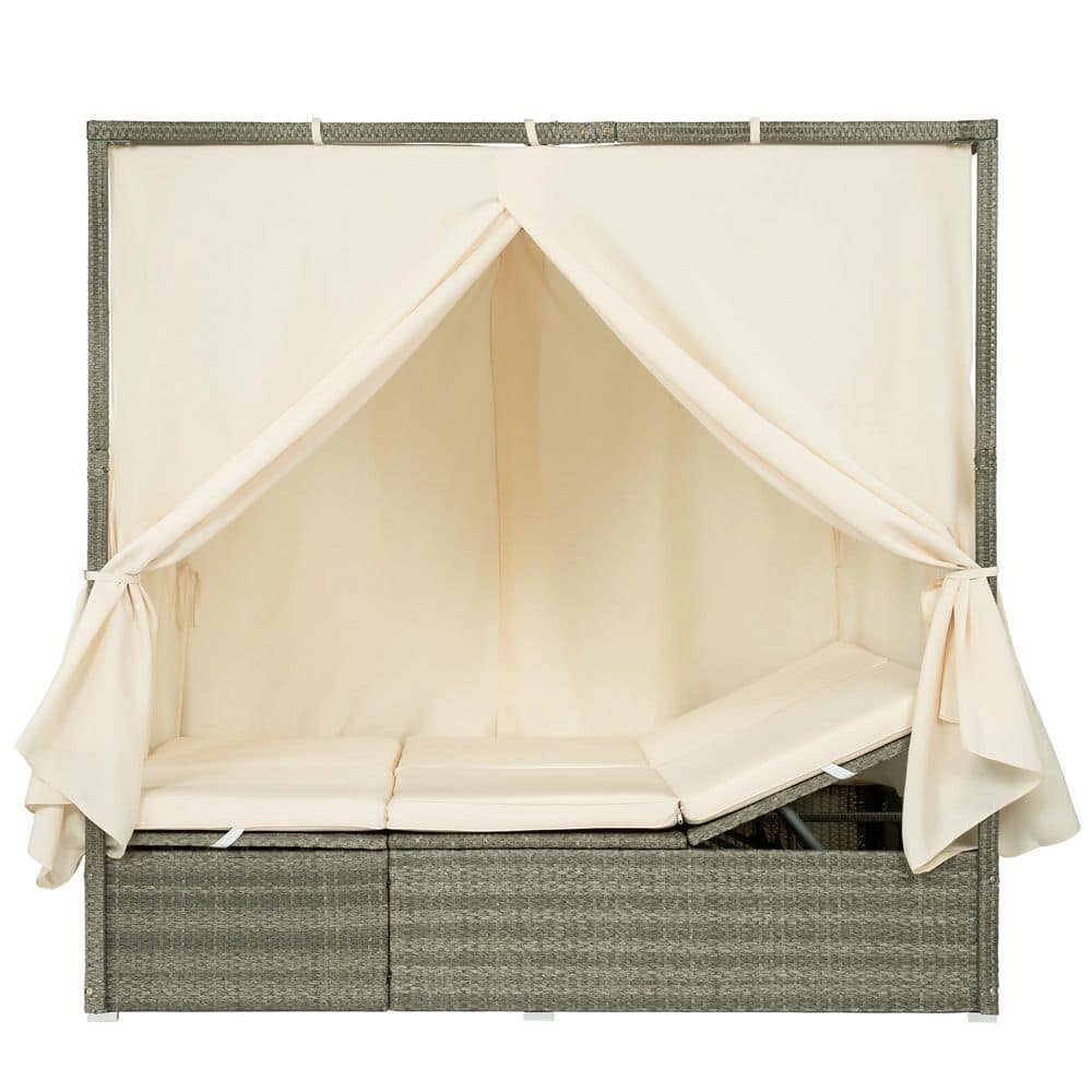 VAMOP Brown Wicker Outdoor Day Bed with Beige Cushions, Curtain and ...