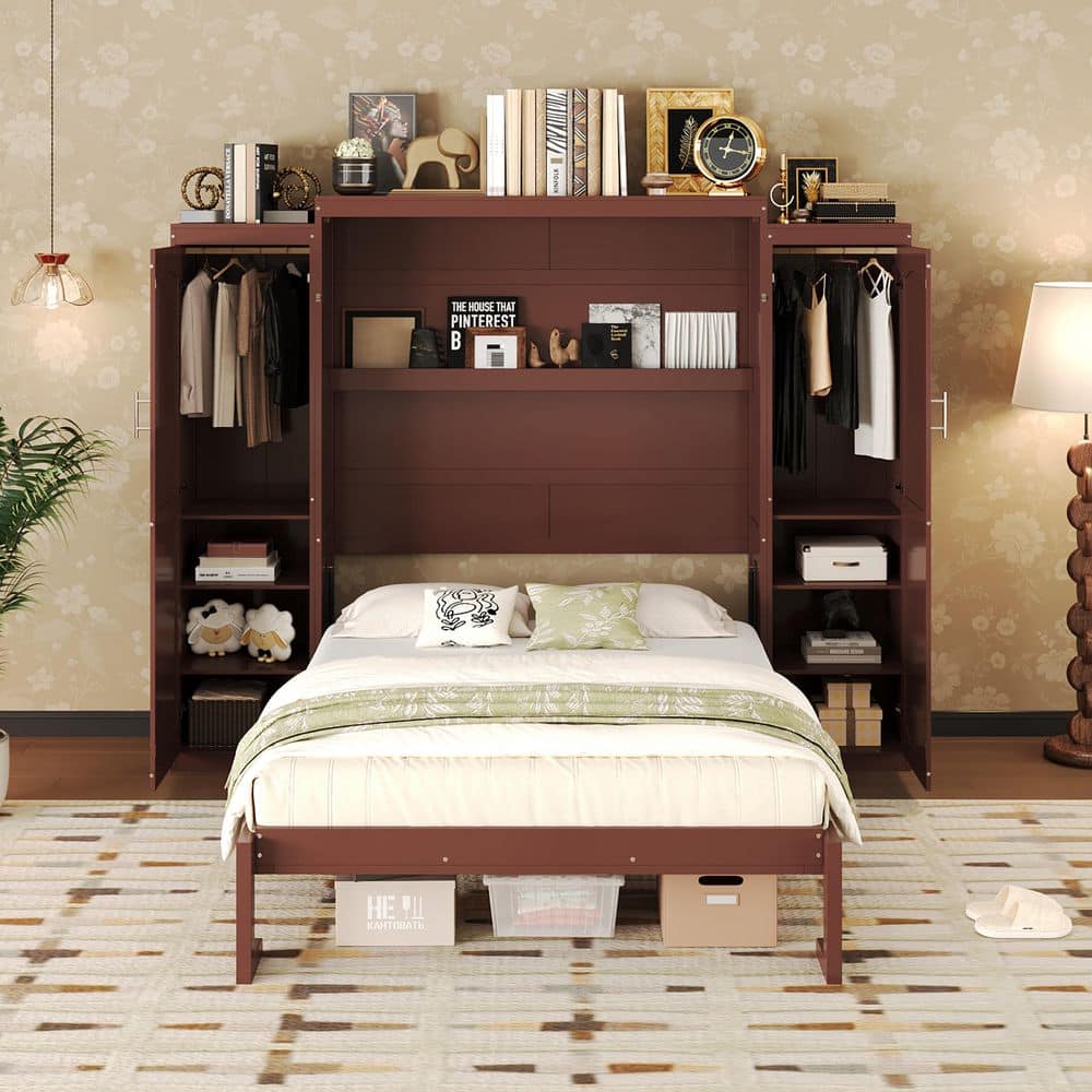 Harper & Bright Designs Walnut(Brown) Wood Frame Full Size Murphy Bed Wall Bed with Wardrobes ...