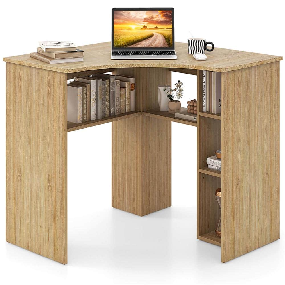 Costway 34 in. L-Shaped Natural Desk with Storage Shelves Adjustable ...