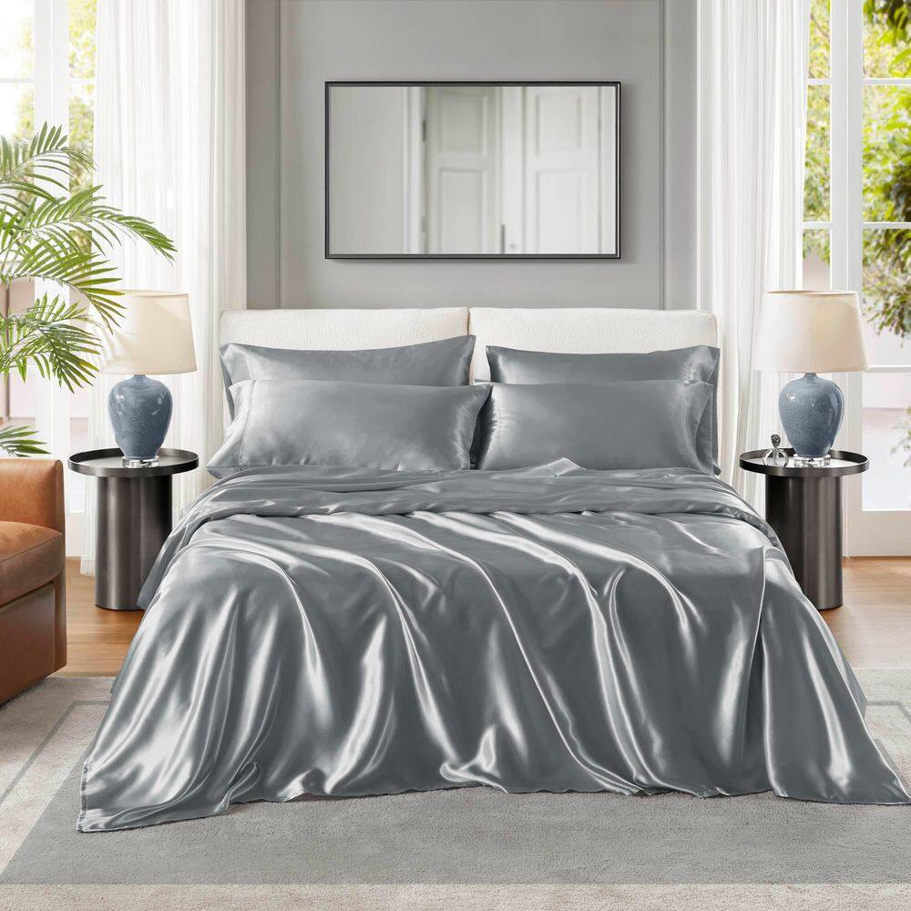 Madison Park Satin 6-Piece Grey Solid Polyester Full Luxury Sheet Set ...