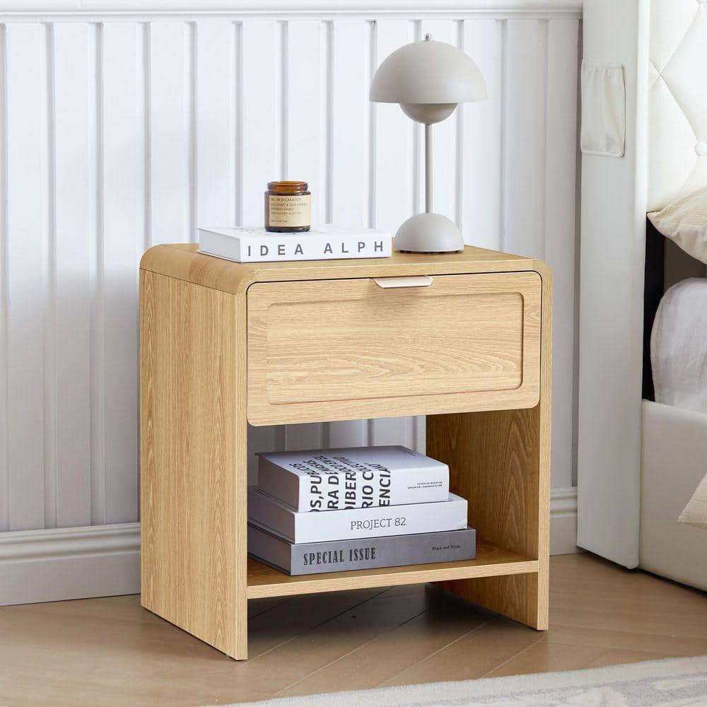 ATHMILE Natural Drawer 13.77 in. W Nightstand /Beside Table NAD ...