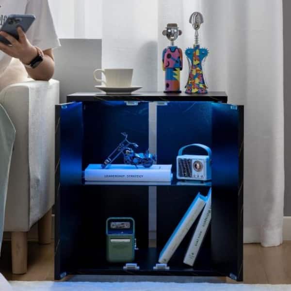 Clihome Black Bedside Tables LED End Table Nightstand Tables with Glass ...