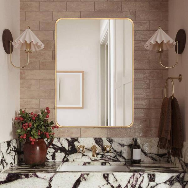 LuxHomez 22 in. W x 30 in. H Gold Vanity Rectangle Wall Mirror Aluminum ...