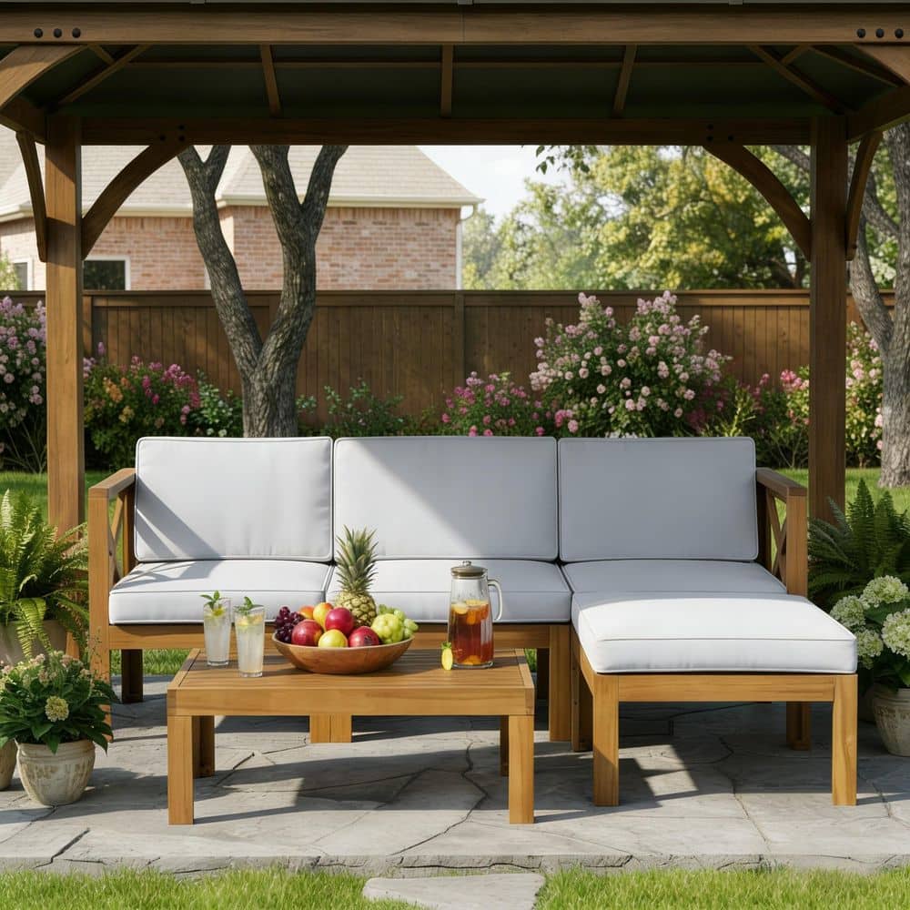 GoldHydroin Wood 5 Piece Steel Frame Patio Furniture Set Rattan Outdoor ...