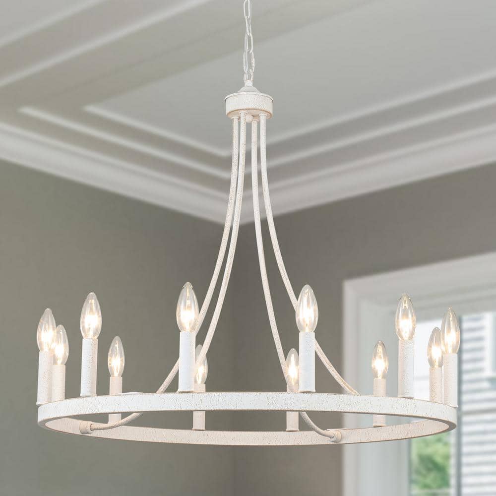 LWYTJO Loene 12-Light White Farmhouse Candle Style Dimmable Wagon Wheel ...