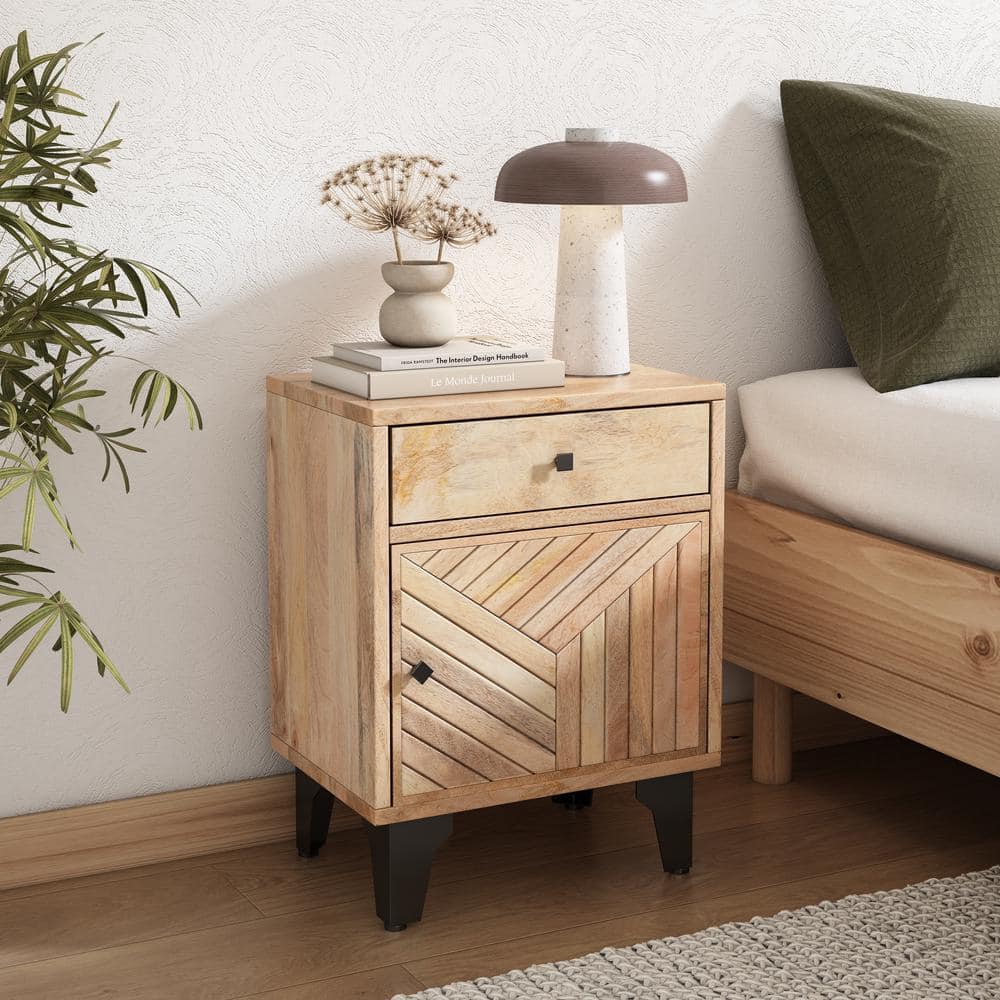 Harper & Bright Designs Natural 1-Drawer 18 in. W Solid Wood Nightstand ...