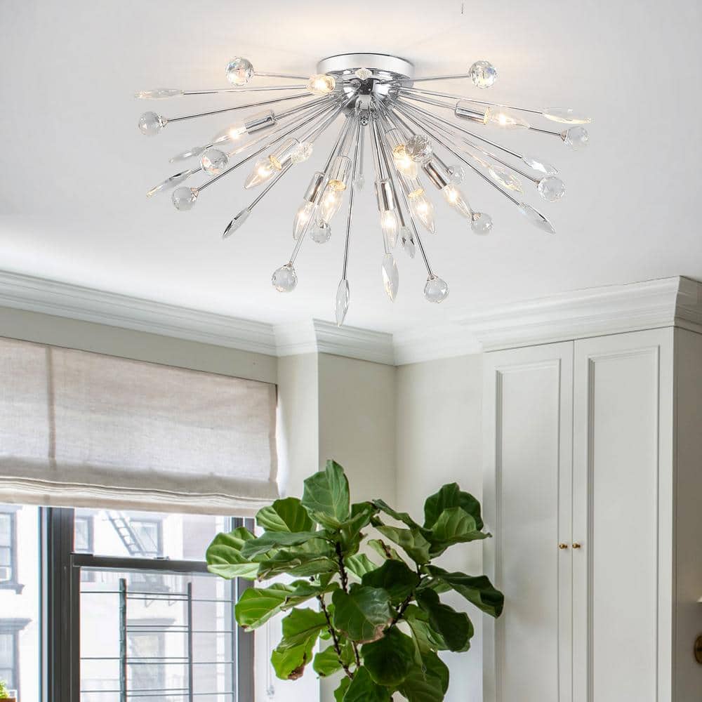 LLHZSY 31.5 in. 12-Light Chrome Sputnik Firework Crystal Flush Mount ...