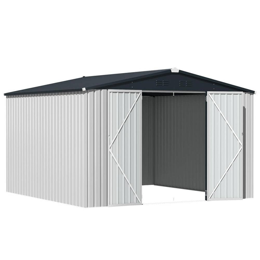 AECOJOY 12 ft. W x 10 ft. D Metal Shed with Double Lockable Door, White ...