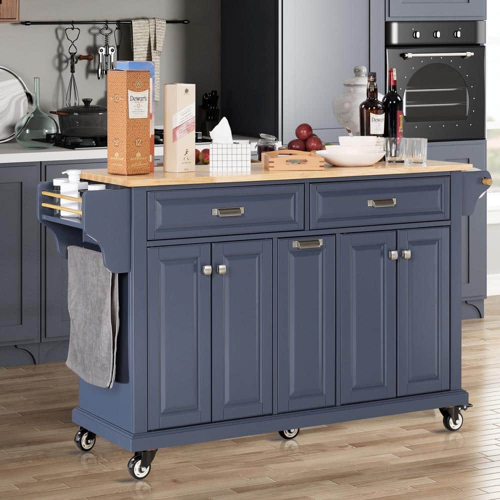 Staykiwi Blue Rubberwood Kitchen Cart with Spice Rack, Towel Rack ...