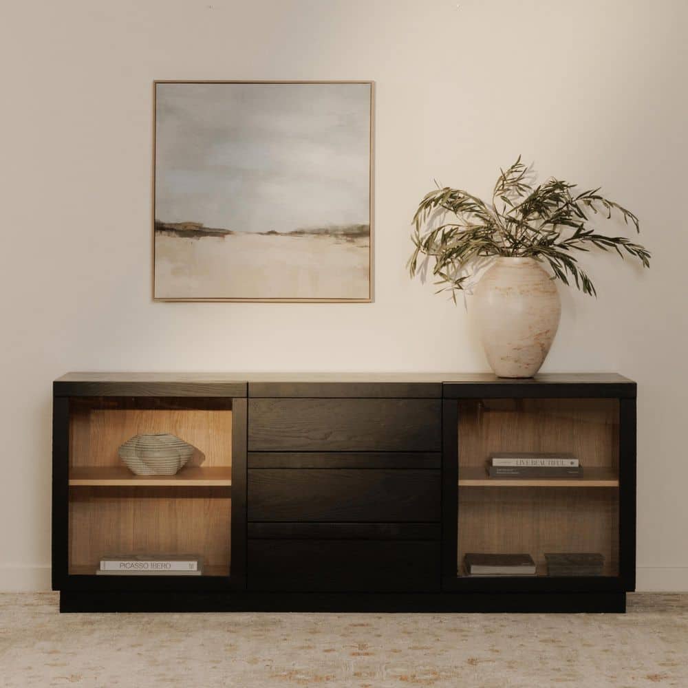 NADAAL STUDIOS Corwin Black and Natural Ash Wood 75 in. Sideboard with Glass Doors and ...