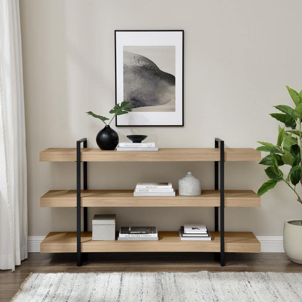 Welwick Designs 60 in. Coastal Oak/Black Wood and Metal Modern 3-Shelf ...