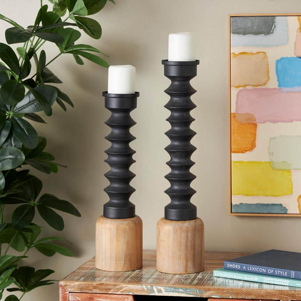 Litton Lane Black Metal Turned Style Candle Holder with Brown Wood ...