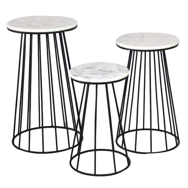 Benjara 30 in. Black and White Round Marble Plant Stand with 1 Tier ...