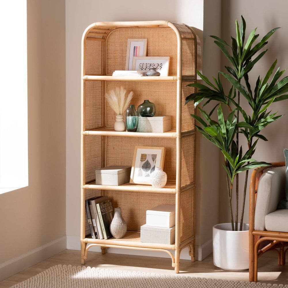 bali & pari Chusi 68.9 in. Tall Natural Rattan Wicker 4-Shelf Bookcase ...