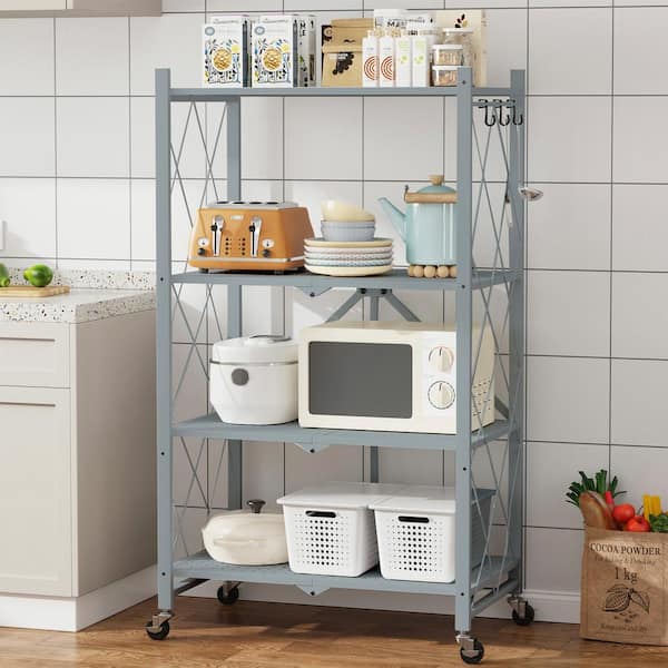 4-Tier Foldable Metal Storage Rack with 3 Hooks, Grey Shelving Unit ...