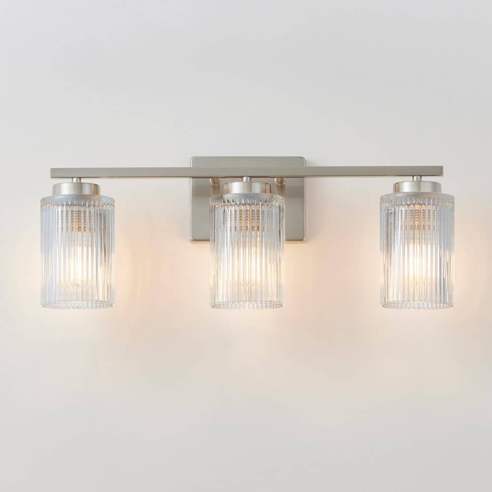 KAWOTI 22 in. 3-Light Brushed Nickel Vanity Light with Clear Ribbed Glass Shades 21406 - The ...