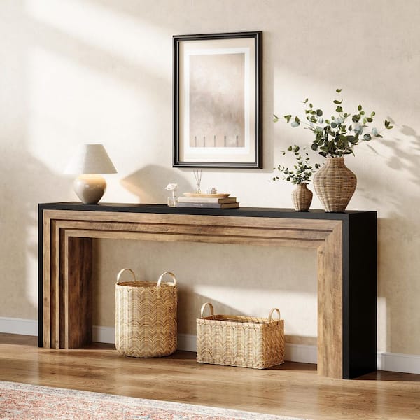 BYBLIGHT Turrella 71 in. Black+Brown Rectangle MDF Console Table ...