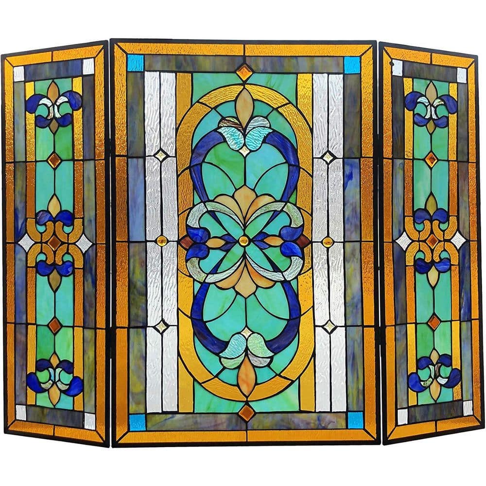 HOME IMPORTS EMPORIUM Multi Color Glass 3-Panel 40 in. Folding Fireplace Screen with Doors ideal ...