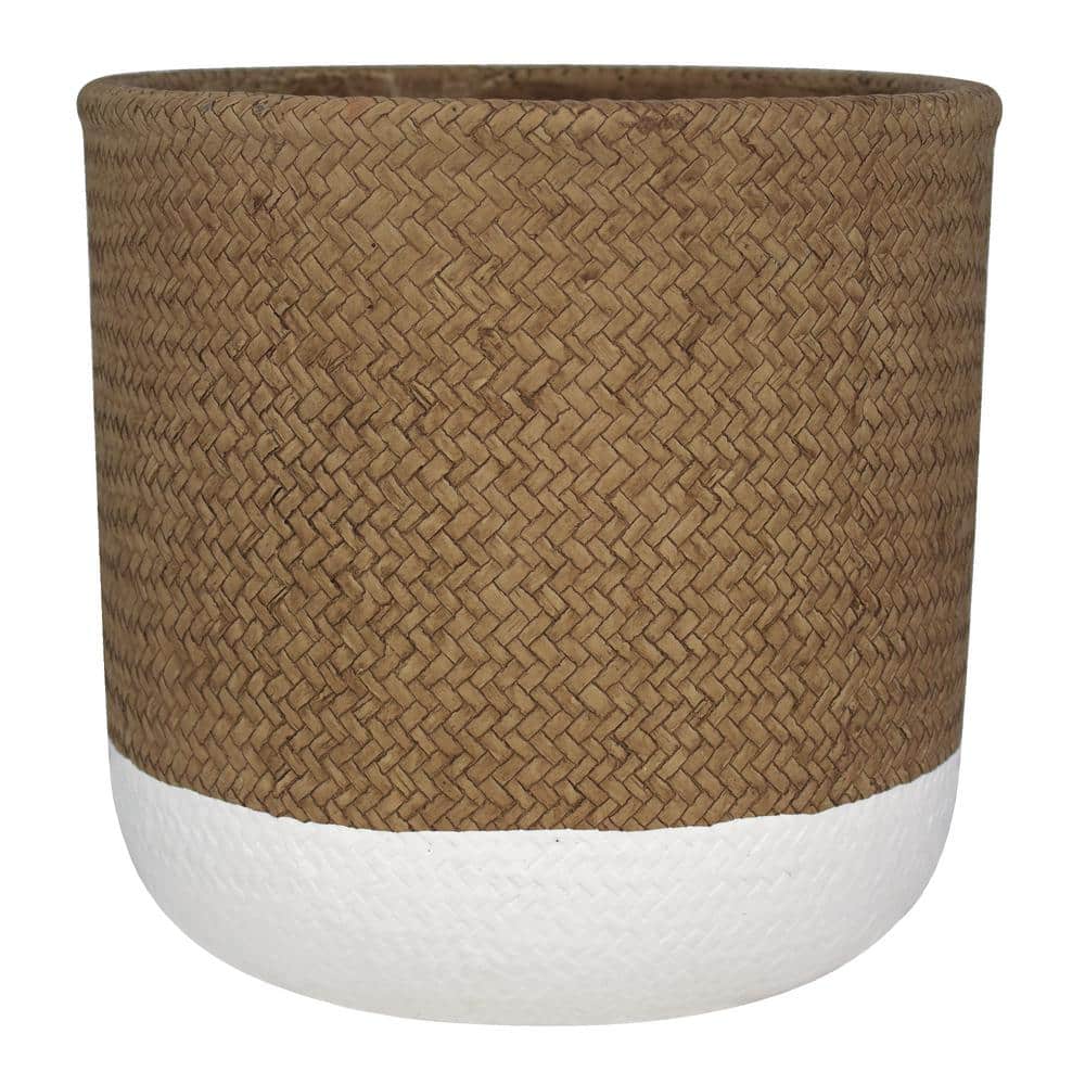 Trendspot 10 in. White and Natural Reed Round Cement Planter ECR01682N ...