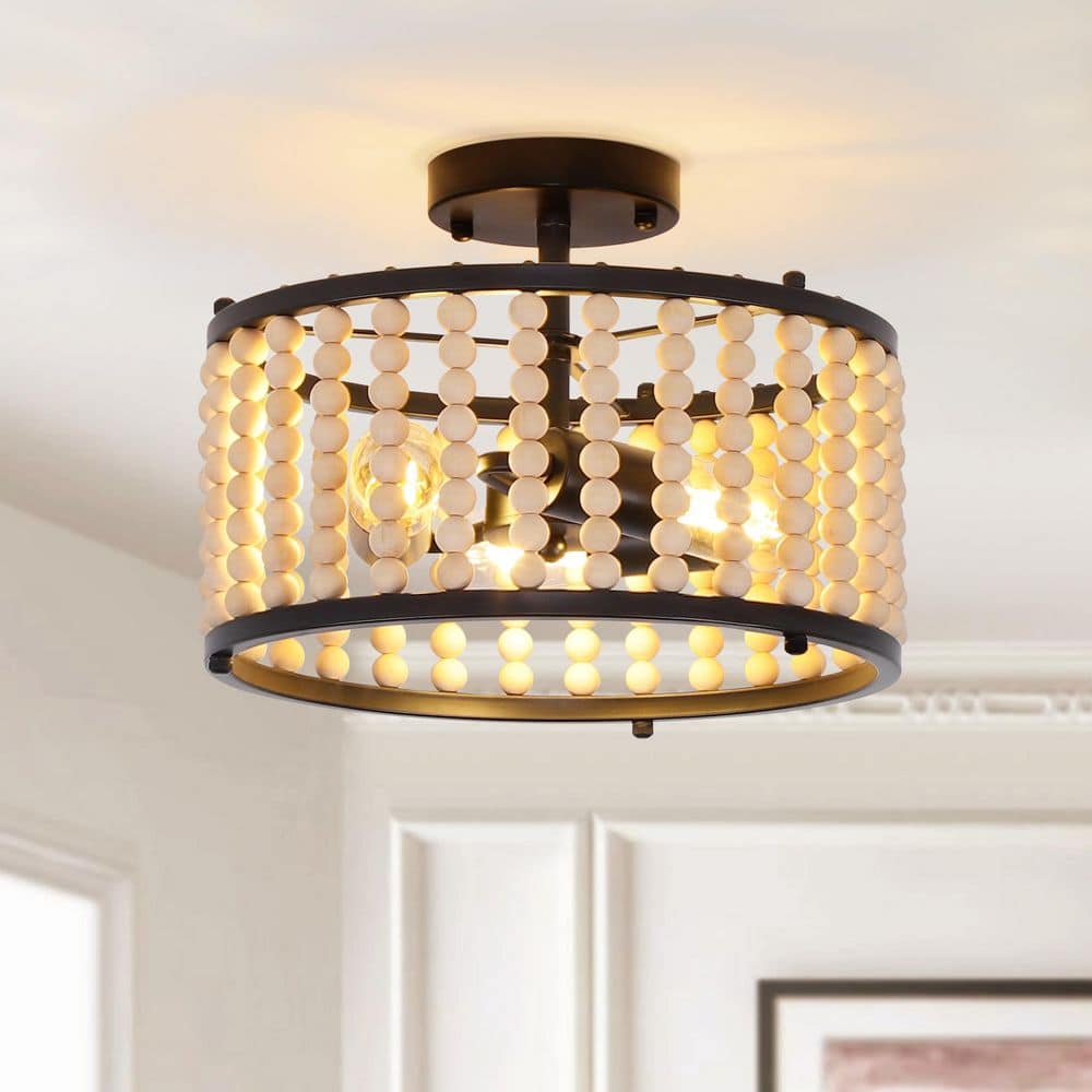 TinHon 12.6 in. Black and Beige Beaded Semi-Flush Mount Ceiling Light ...