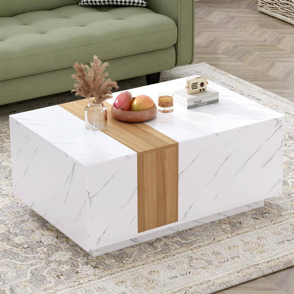 Nestfair 35.4 in. White Rectangle 2-Tone Wood Top Coffee Table with 2-Drawers CTOT3212K - The ...
