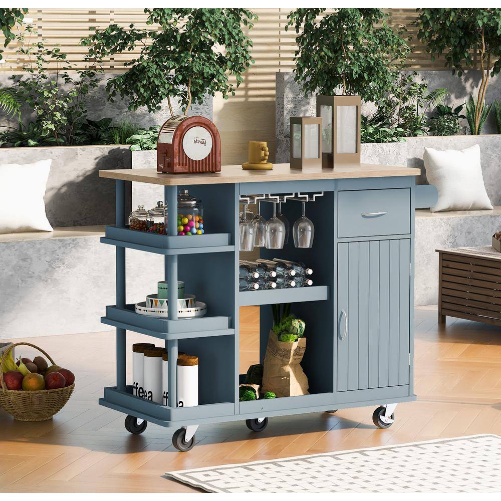 ARTCHIRLY Brown Solid Wood Top 40 in. Grey Blue Kitchen Island Cart ...