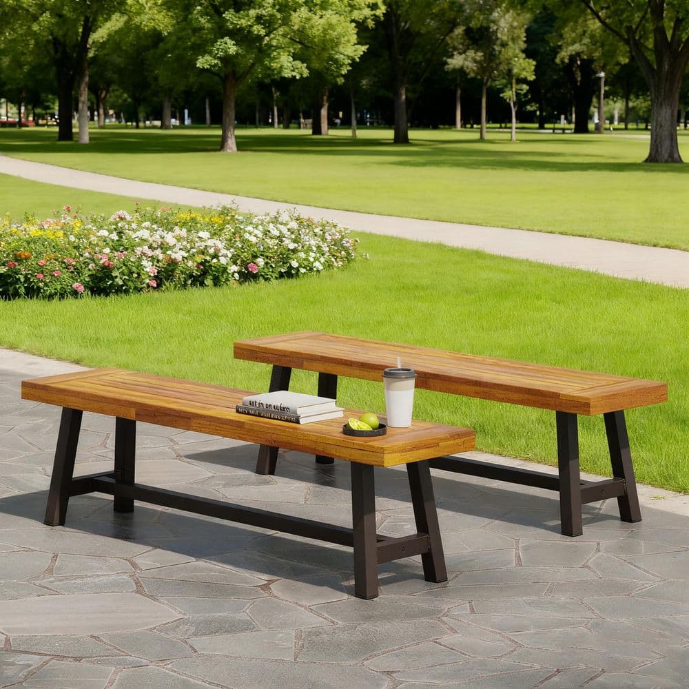 Outdoor Carlisle Benches, Sandblasted Brown + Rustic Metal (Set of 2 ...