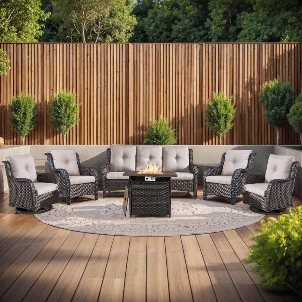 moosprr 6-Piece Brown Wicker Fire Pit Conversation Set with Olefin ...