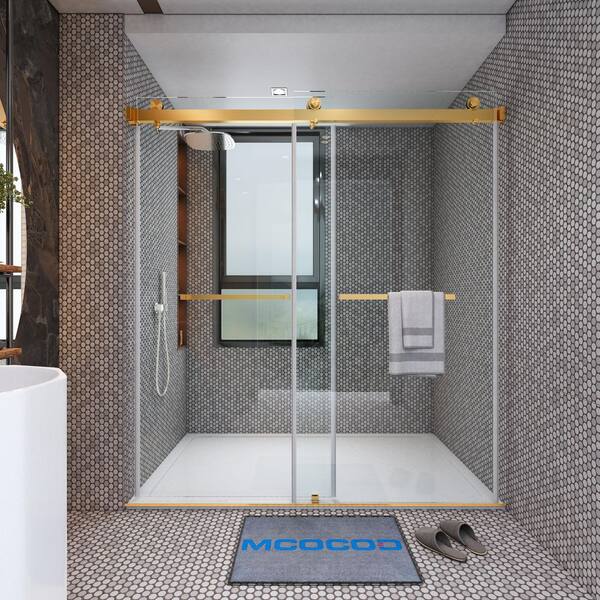 MCOCOD 60 in. W x 72 in. H Double Sliding Frameless Shower Door in Brushed Gold with Smooth ...