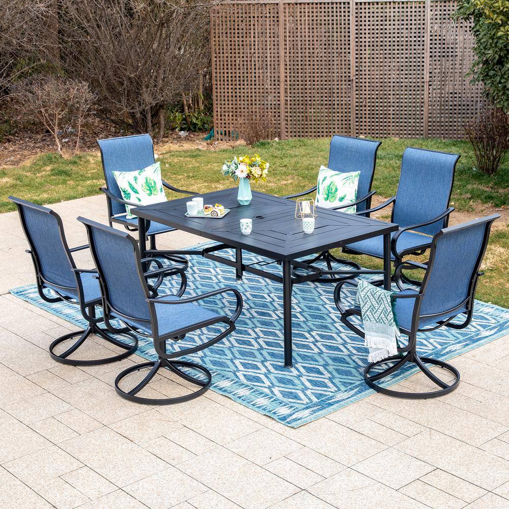 PHI VILLA Black 7-Piece Metal Rectangle Patio Outdoor Dining Set with Straight-Leg Rectangle ...