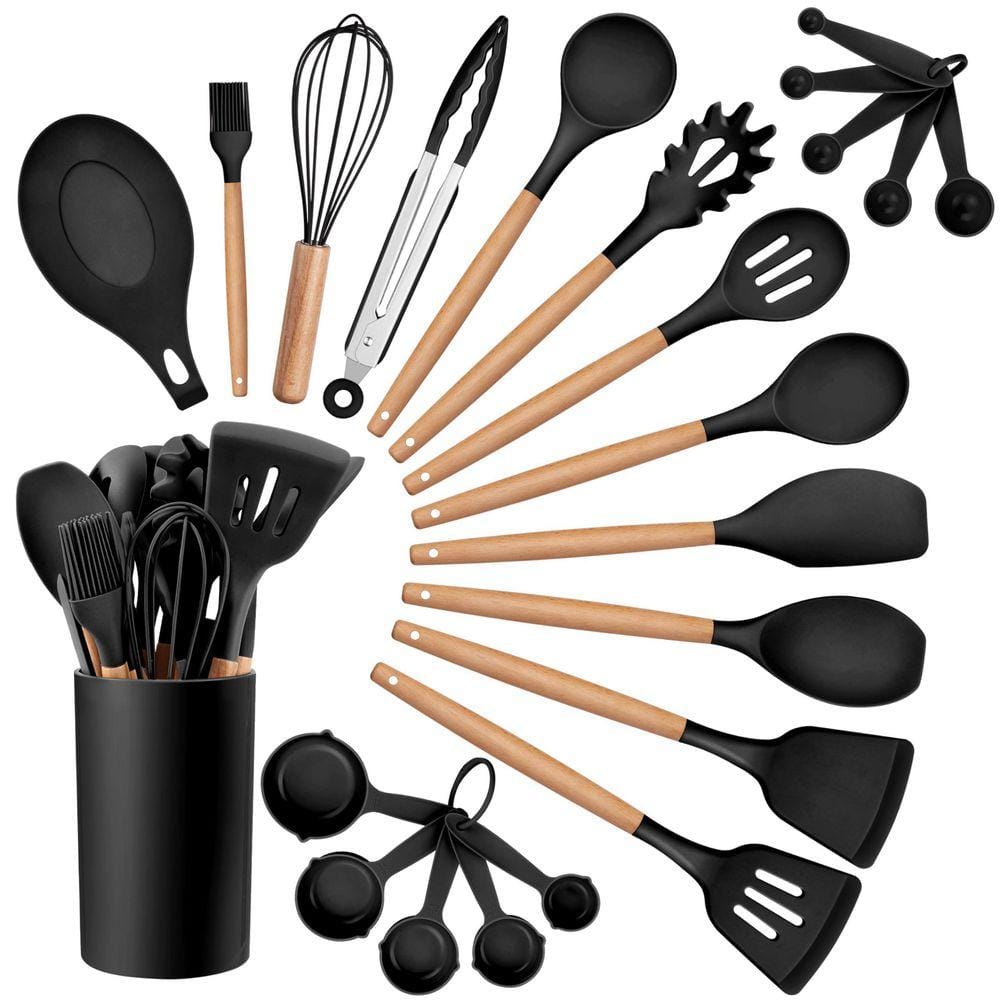 23-Piece Kitchen Utensil Set, Food-Grade Silicone with Wooden Handle ...