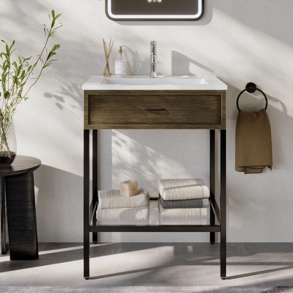 HBEZON Ansel 24 in. W Freestanding Single Sink White Bath Vanity with ...