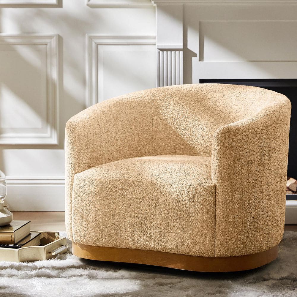 JAYDEN CREATION Elda Camel Polyester Armchair with Curved Backrest and ...