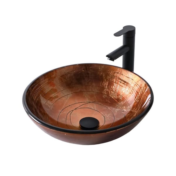 16.50 in. Round Brown Bathroom Artistic Tempered Glass Vessel Bathroom ...