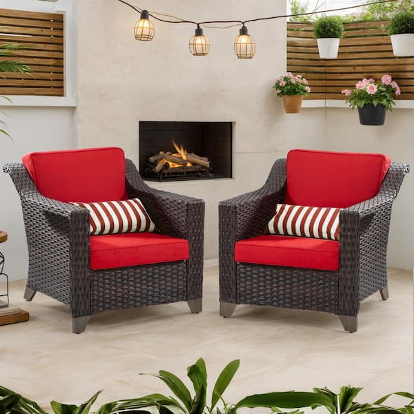 JOYSIDE Patio Wicker Outdoor Lounge Chair with Thick Baby Red Cushions ...