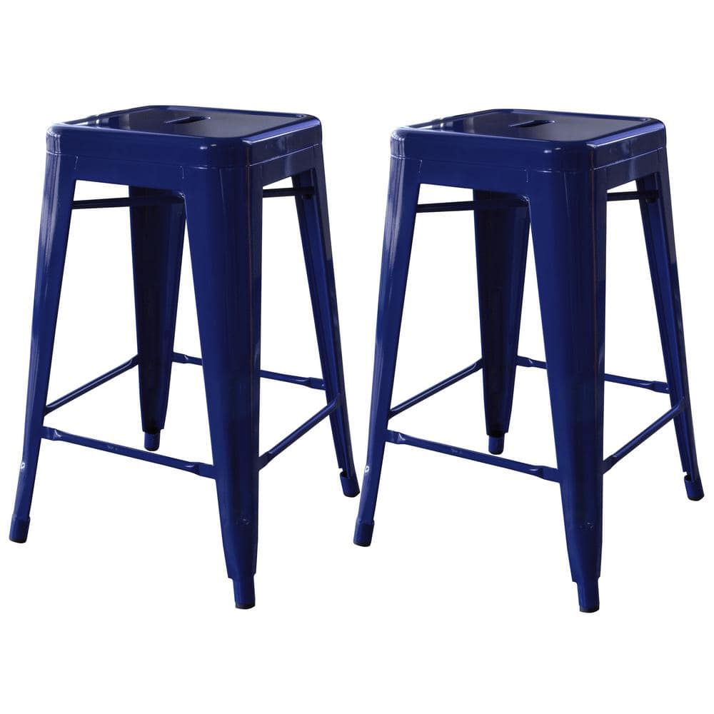 AmeriHome 24 in. Blue Metal, Backless, Stackable Bar Stool (Set of 2 ...