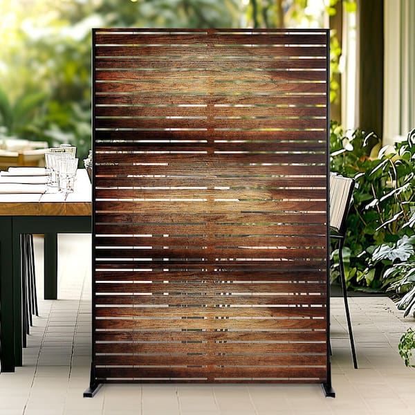 TUYOHW 47 in. W x 71 in. H Brown Metal Privacy Screen with Wood Grain ...
