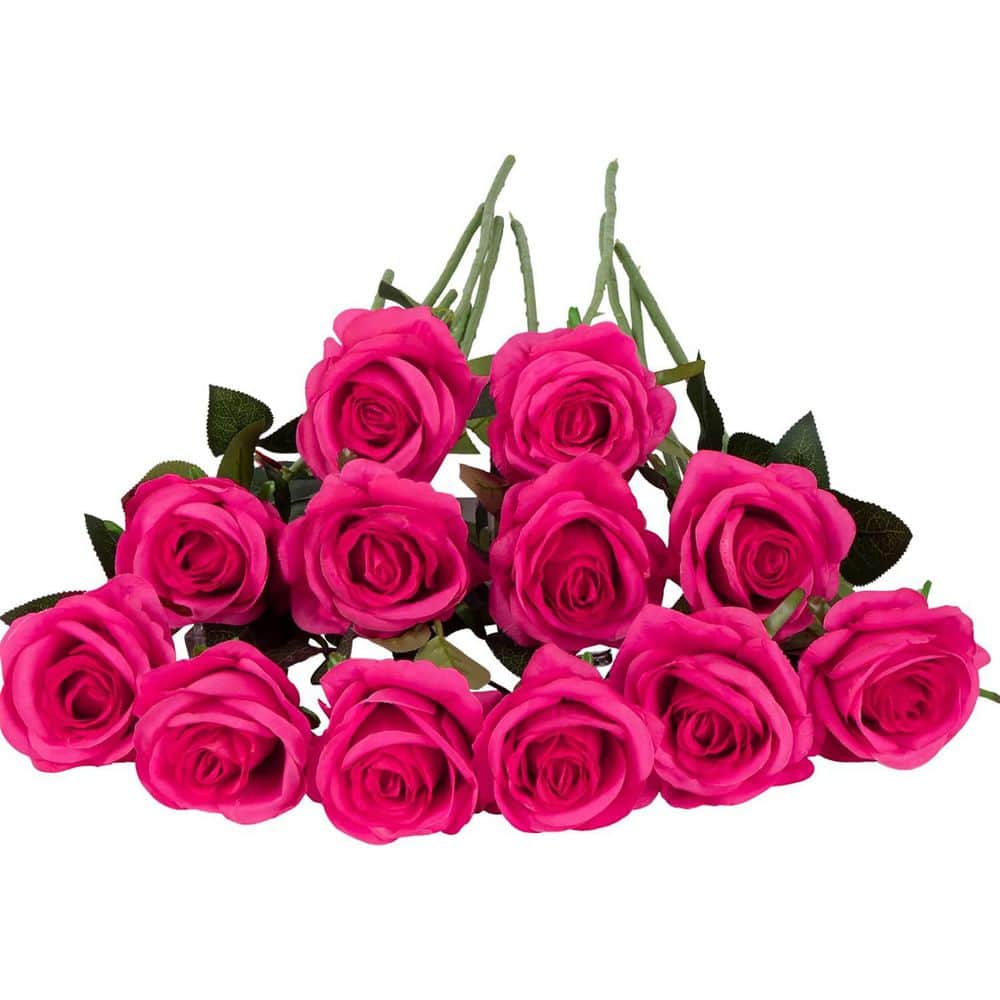 Afoxsos 6.4 in. H Hot Pink Indoor Artificial Roses in Silk for Home ...