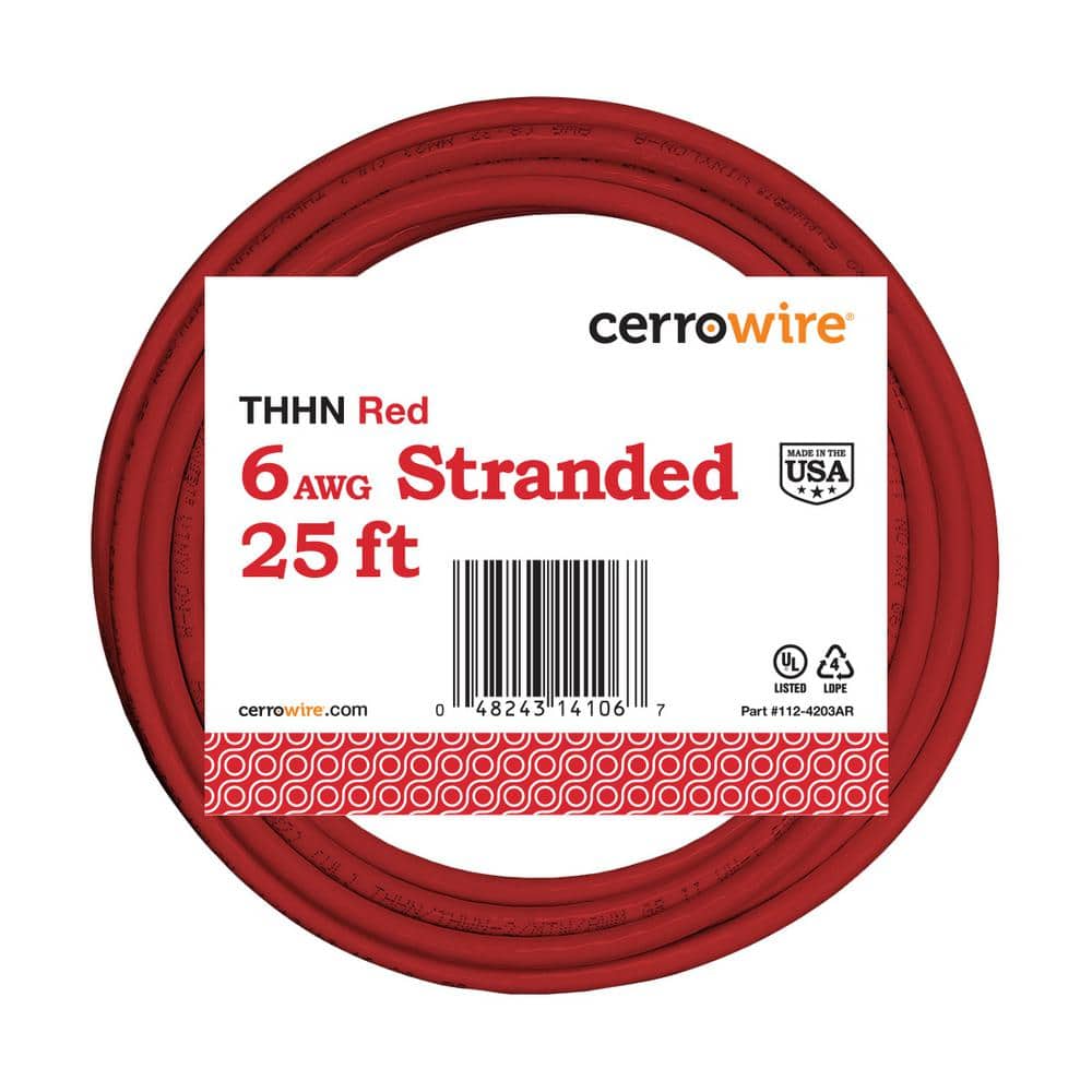 Cerrowire 25 ft. 6 Gauge Red Stranded Copper THHN Wire 112-4203AR - The ...
