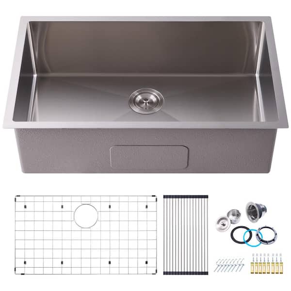 WISBEAM 30 in. Drop-In/Undermount Single Bowl 16-Gauge Brushed 304-Stainless Steel Kitchen Sink ...